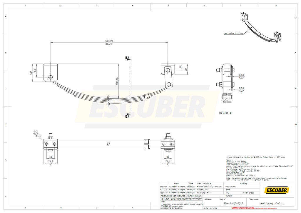 4-Leaf Double-Eye Spring for 2,000-lb Trailer Axles – 26″ Long – Escuber
