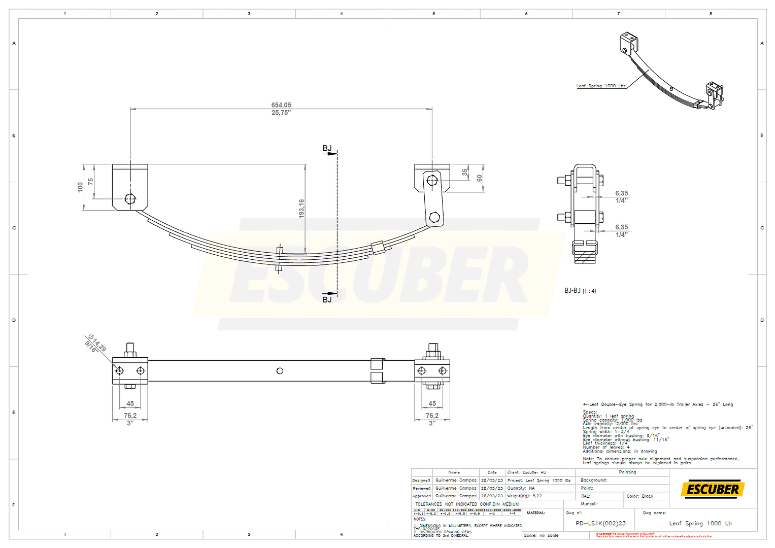 4-Leaf Double-Eye Spring for 2,000-lb Trailer Axles – 26″ Long – Escuber